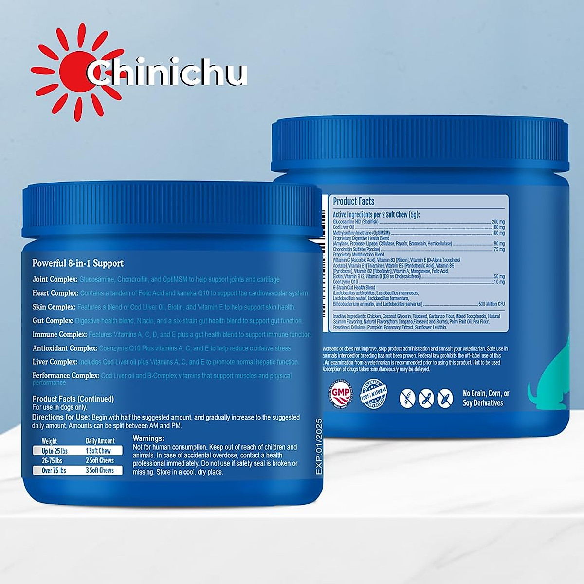 Chinichu Multivitamin Treats for Dogs - Glucosamine Chondroitin for Joint Support + Digestive Enzymes & Probiotics - Grain Free Dog Vitamin for Skin & Coat + Immune Health - Salmon Flavor - 120 Count