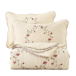 vctops 3-Piece Elegant Floral Embroidered Bedspread Coverlet Set 100% Cotton Reversible Patchwork 1 Quilt and 2 Pillow Shams Full/Queen, Flower
