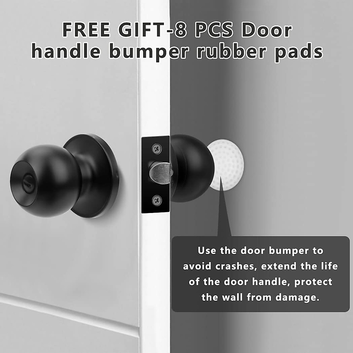 ROTESONNE 8 Pack Matte Black Privacy Door Knobs for Bedroom, Bathroom and Passage with 8 Door Stoppers, Keyless Door Handles, Interior Door Knobs (8, Black)