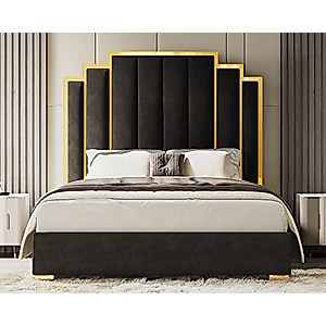 HOWE Queen Size Bed Frame and 61" Headboard, Upholstered Bed with Golden Plating Trim, Modern Platform Bed No Box Spring Needed, Black