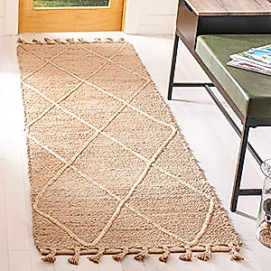 SAFAVIEH Natural Fiber Collection Runner Rug - 2'3" x 12', Natural, Farmhouse Rustic Moroccan Trellis Braided Tassel Jute Design, Ideal for High Traffic Areas in Living Room, Bedroom (NF107B)