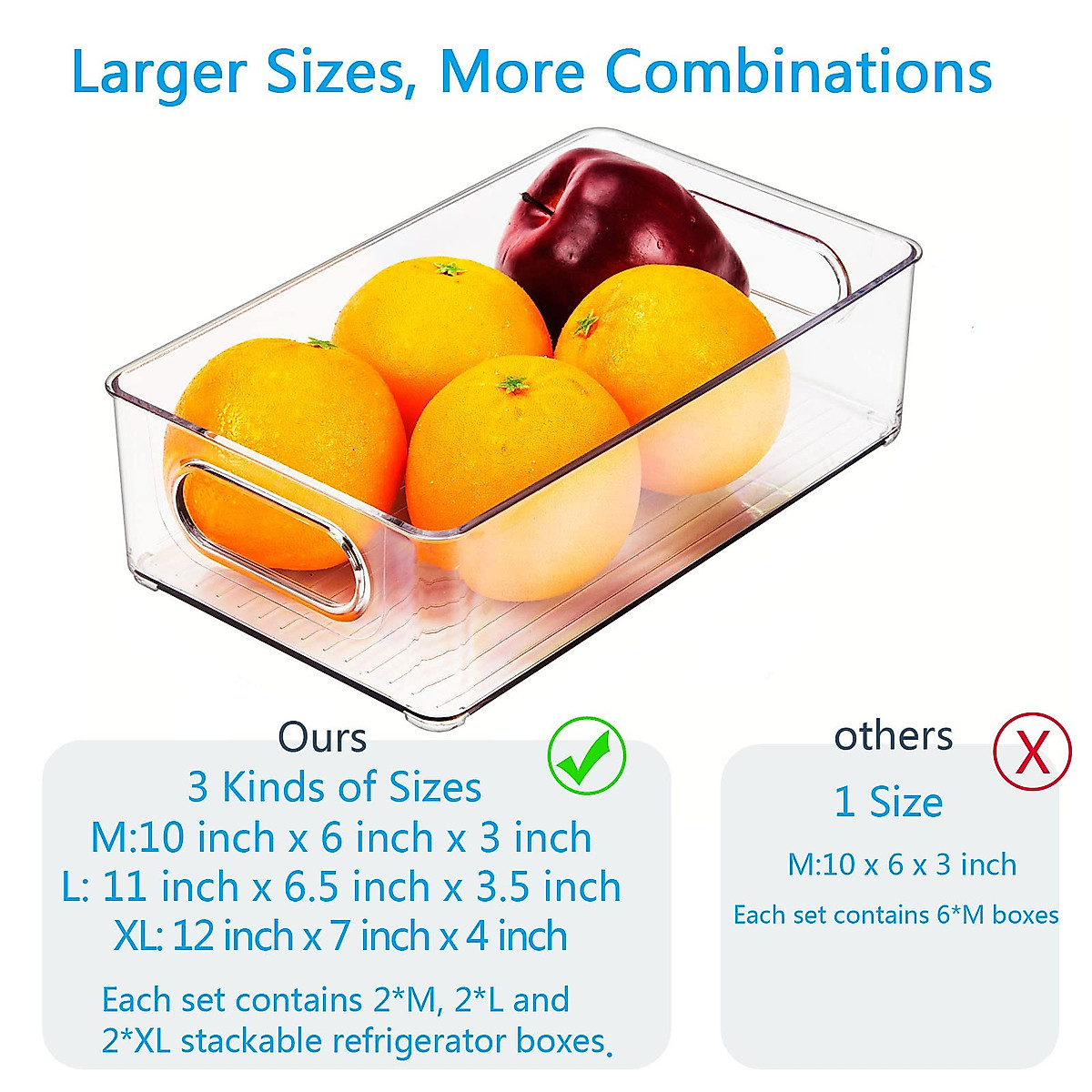 Eco Moda Set Of 6 Refrigerator Organizer Bins - 3 Sizes Stackable Plastic Clear Food Storage Bin