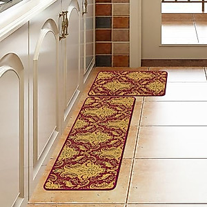 Loom and Mill Luxury Kitchen Rugs Set 2 Pieces, Non Skid Absorbent Chenille Memory Foam Kitchen Runner Rug Floor Mats, Comfort Standing Mat for Front of Sink,Machine Wash(Red,17.3"x47"+17.3”x29)