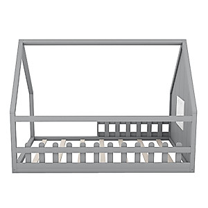 MERITLINE House Bed for Kids Full Montessori Floor Bed Wood Frame with Rails and Window, No Box Spring Needed, for Kids Teens Girls Boys (Full Size, Gray)