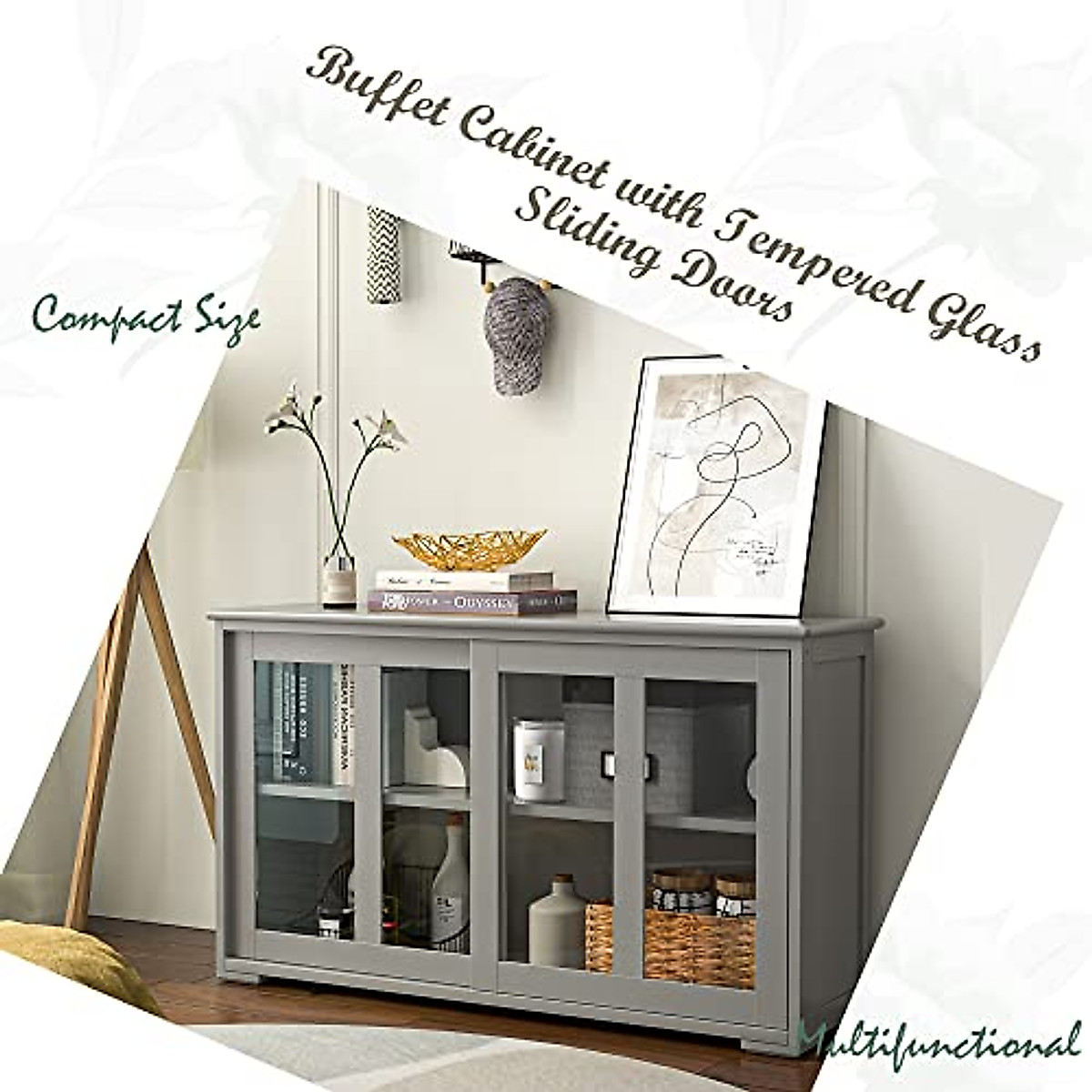 LOKO Stackable Buffet Cabinet, Kitchen Storage Cabinet with Sliding Tempered Glass Doors, Small Sideboard for Kitchen, Dining Room or Living Room, 42 x 13 x 24.5 inches (Grey)