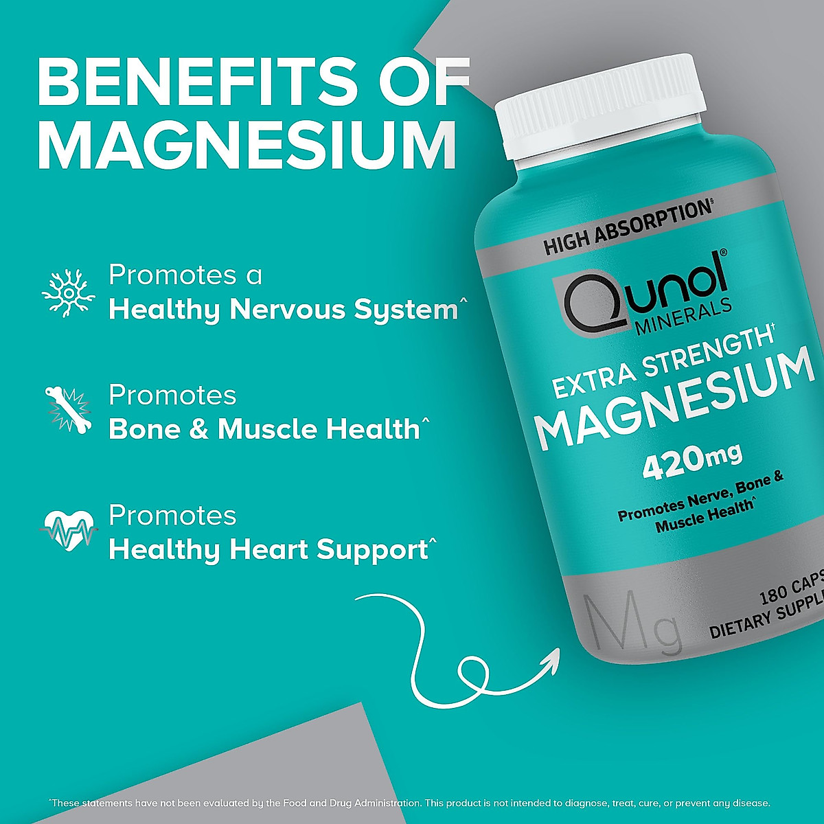 Qunol Magnesium Capsules 420mg, 100% DV, High Absorption Magnesium Supplement, Extra Strength, Bone and Muscle Health Supplement, 180 Count