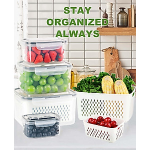 5 PCS Fruit Storage Containers for Fridge - Fruit Containers for Refrigerator with Removable Colander - Airtight Food Storage Container Keep Produce Vegetables Berry Fresh Longer