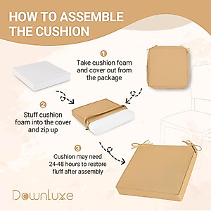 downluxe Outdoor Chair Cushions for Patio Furniture, Waterproof Square Corner Memory Foam Patio Chair Cushion with Adjustable Ties and Portable Handle, 19" x 19" x 3", Khaki, 4 Pack