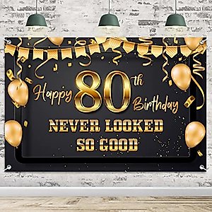 HAMIGAR 6x4ft 80 Never Looked So Good Banner Backdrop - Funny Happy 80th Birthday Decorations Party Supplies for Men Women - Black Gold