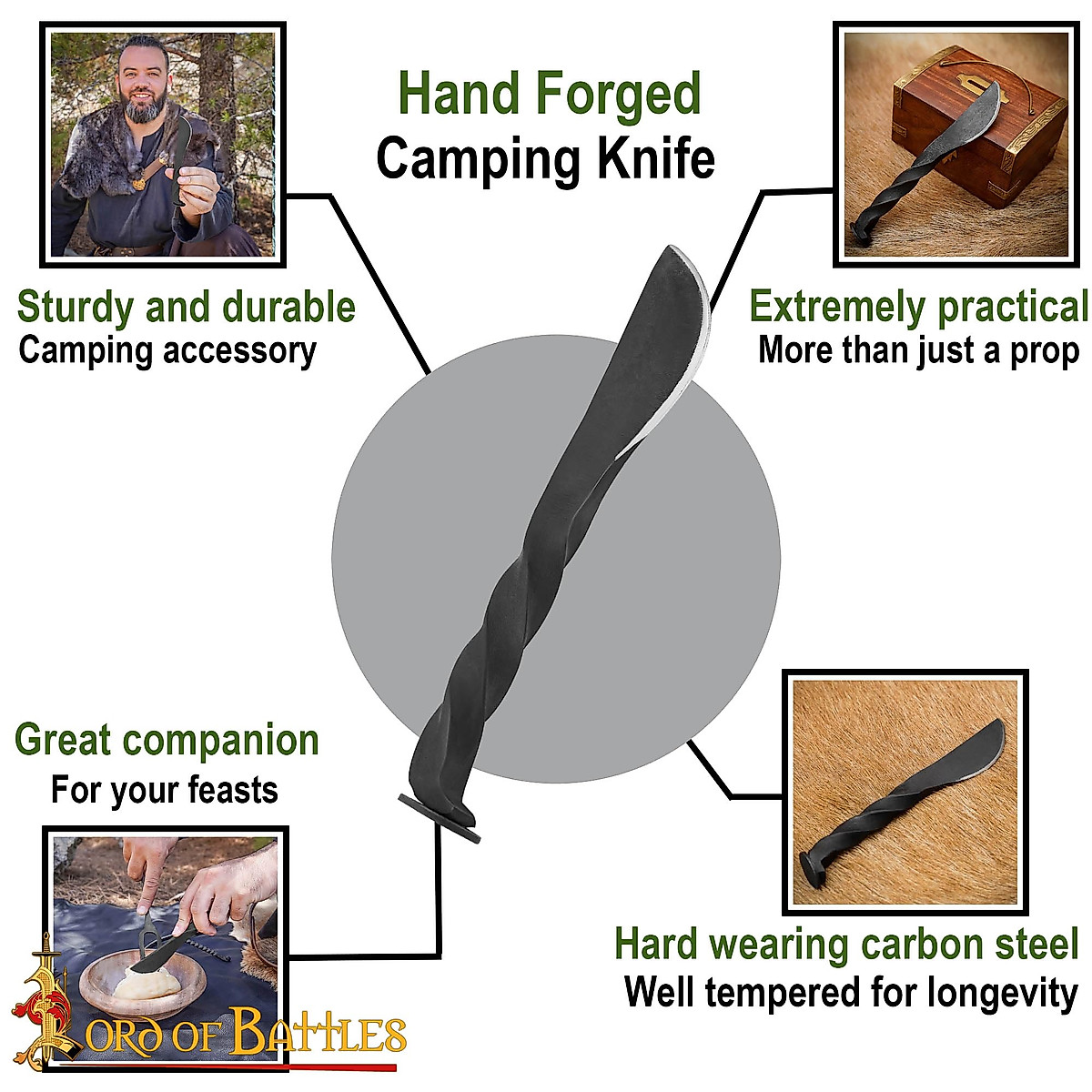 Lord of Battles Medieval Knife Camping Spike Knife Hand Forged Iron Twisted Handle Functional Medieval Knife Perfect for Historical Reenactments, Camping & Outdoor Activities