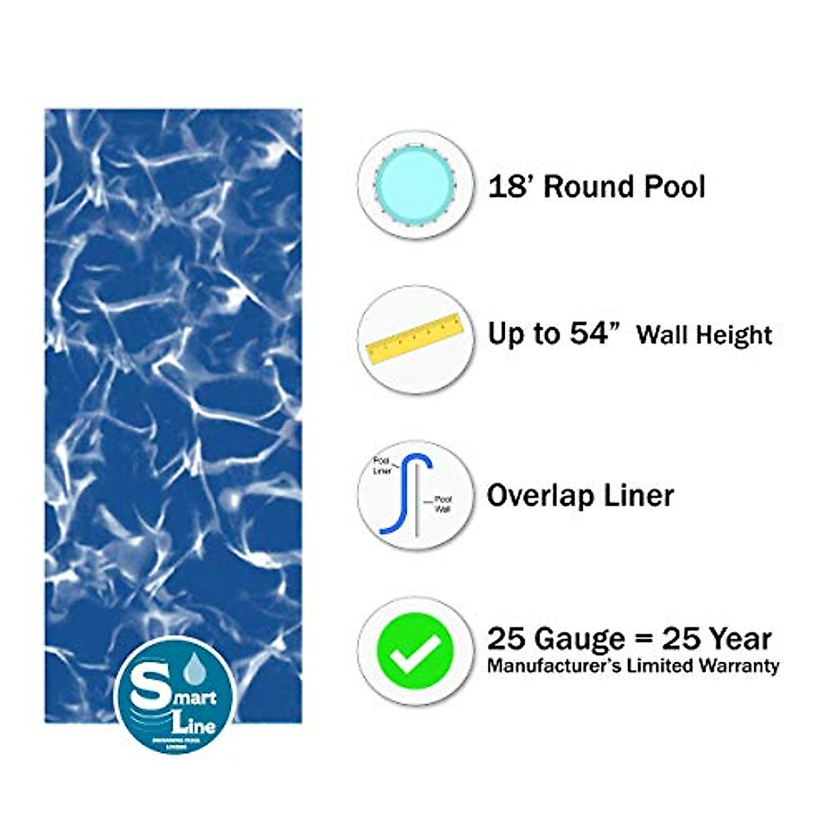 Smartline Sunlight 18-Foot Round Liner | Overlap Style | Up to 54-Inch Wall Height | 25 Gauge Virgin Vinyl | Designed for Steel Sided Above-Ground Swimming Pools | Universal Gasket Kit Included