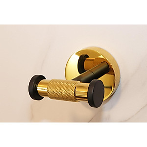 SENMY Designer Luxury Shiny Gold Knurled Matte Black PVD Finish, Solid Brass Construction, Double Towel Hook, Rustproof, Heavy Duty Door Hanger Robe Closet Corrosion-Proof Wall Mount Bathroom Kitchen