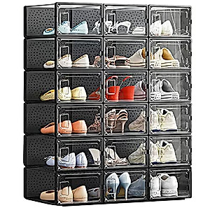 MMBABY 24 Pack Shoe Storage Box Shoe Box Clear Plastic Stackable Drop Front Shoe Organizer