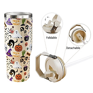 30oz Halloween Tumbler with Handle and Straw, Goth Black Cat Insulated Tumbler, Pumpkin Bat Skull Leak Proof Travel Coffee Mug, Reusable Stainless Steel Witch Tumbler, Halloween Gifts for Women