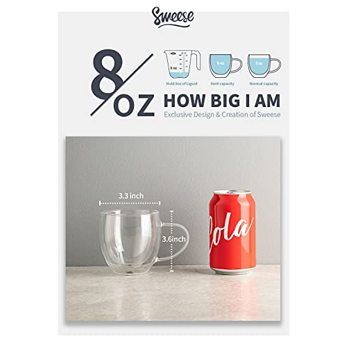 Sweese 8 oz Glass Coffee Cups - Double Wall Insulated Glass Coffee Mugs Set with Handle, Perfect for Espresso, Latte, Cappuccino, Set of 4-415.101