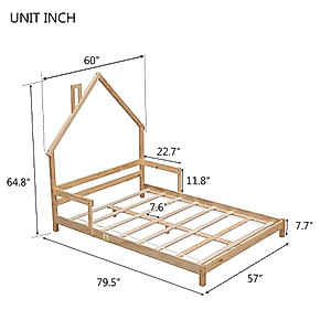 Full Size Bed Frame for Kids,House-Shaped Headboard Kids Bed,Girls Bed with Handrails,Low Platform Bed for Boys Girls,No Box Spring Needed(Natural)
