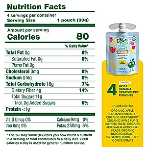GoGo squeeZ happy tummieZ Organic Apple Banana Strawberry, 3.2 oz. (4 Pouches) - Kids Snacks with Prebiotic Fiber - Gluten Free Snacks for Kids - Nut & Dairy Free - Vegan Snacks