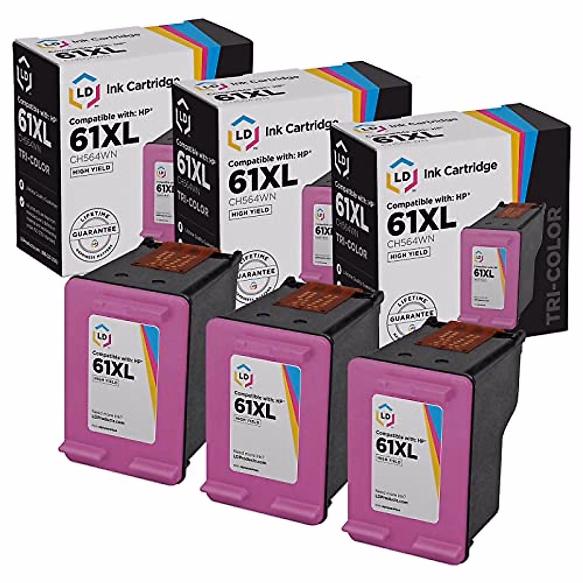 LD Remanufactured Ink Cartridge Replacement for HP 61XL CH564WN High Yield (Tri Color, 3-Pack)