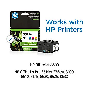 HP 950 Black/951 Cyan,Magenta,Yellow Ink Cartridges (4-pack) | Works with HP OfficeJet 8600, OfficeJet Pro 251dw, 276dw, 8100, 8610, 8620,8625 8630 Series | Eligible for Instant Ink | X4E06AN