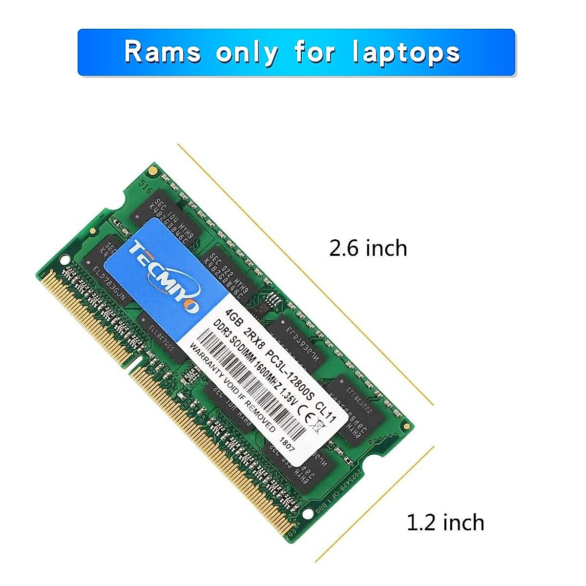 TECMIYO 8GB Kit (2 x 4GB) DDR3L-1600 SODIMM,DDR3 PC3-12800S/PC3L 1600MHz 12800 Ram 8 GB Non ECC Unbuffered 1.35V/1.5V CL11 204 Pin Sodimm Ram 2RX8 Dual Rank for Laptops Notebook Memory Upgrade