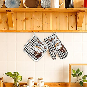 Oven Mitts, Coffee Time Anti-Skid Cooking Gloves for BBQ, Microwave, Baking, Cooking, Thermal Insulation Hot Pads Potholders for Handling Hot Cookware Gnome Coffee Beans Black-White Plaid