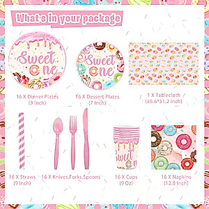 Sweet One Birthday Party Supplies for 2 Year Old Girl, 150 Pcs Donut Party Decorations for Girls Baby - Backdrop, Banner, Cake, Cupcake Toppers, Cupcakes Wrappers, Tablecloth
