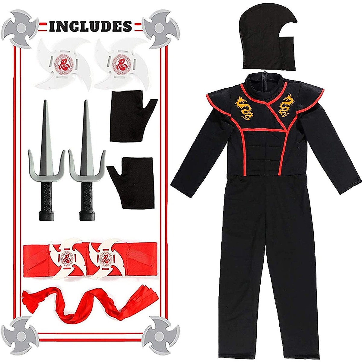 SATKULL Ninja Costumes Boy Ninja Costume Set Kids Halloween Ninjas Suit Halloween Cosplay Dress up for Kids(Kids-M-6/7T Black)