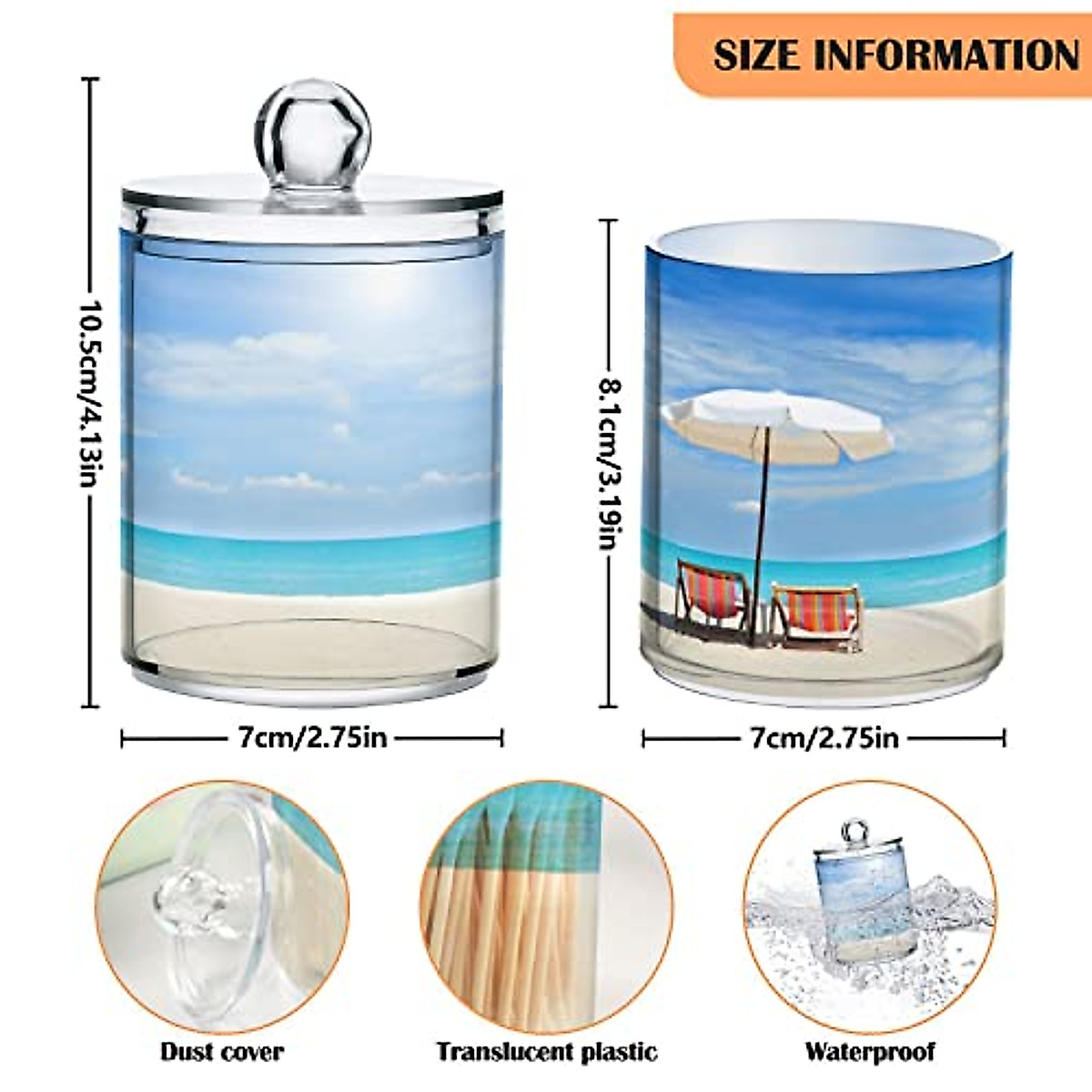 Kigai 2 Pack Qtip Dispenser Apothecary Jars Bathroom 14oz - Beautiful Beach Chairs Sun Umbrella Blue Sky Cloudy Qtip Holder Storage Canister Clear Plastic Acrylic Jar for Cotton Ball,Cotton Swab,Q-tip