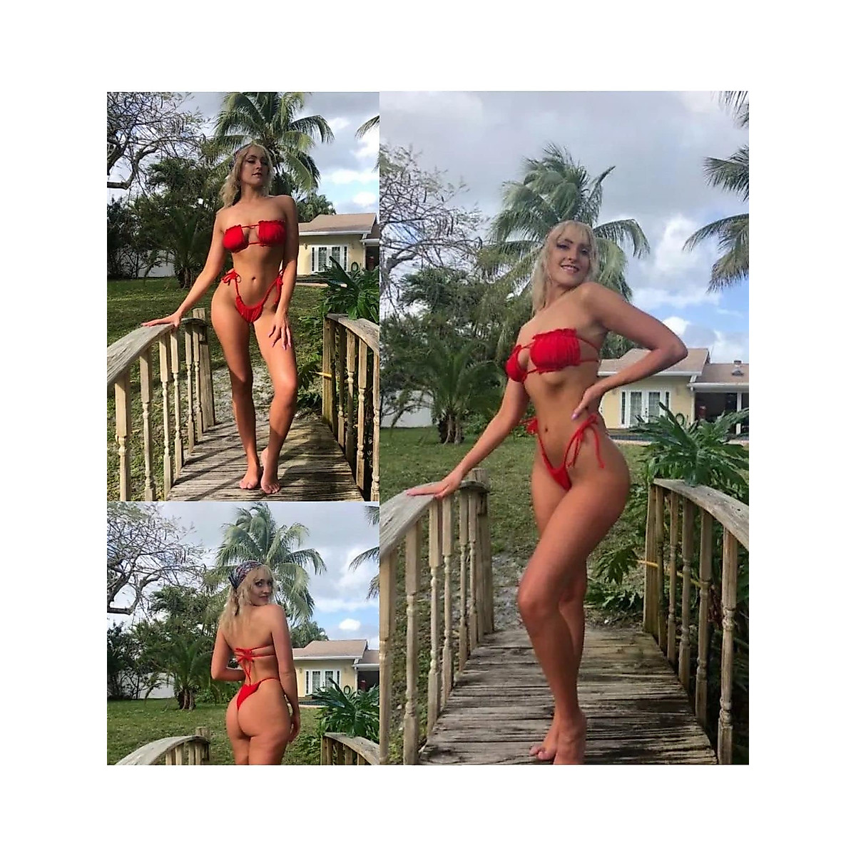 ZAFUL Womens Rib Ruched Bandeau Bikini Adjustable Tie Ruffle Cutout Sexy Swimwear Halter String Triangle Bikini Sets(2-Red, S)