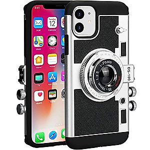 iPhone 11 Case, Awsaccy 3D Cool Unique Cute Camera Design Case PC + Silicone Cover Case with Long Strap Rope for Apple iPhone 11 6.1 inch 2019 Release (Moderate Hardness), Black