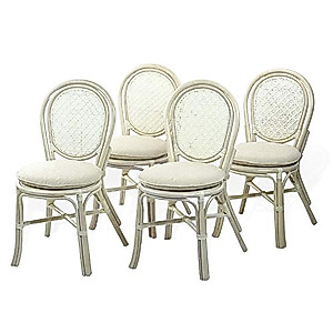 Set of 4 Denver Dining Handmade Wicker Side Chairs with Cream Cushions Natural Rattan, White Wash