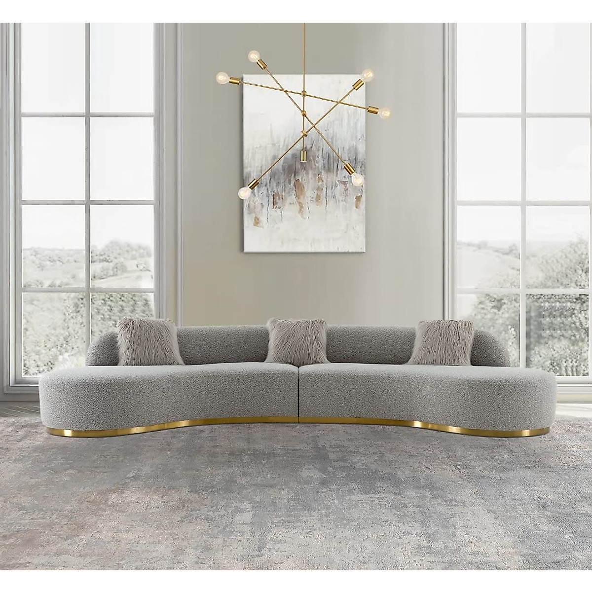 Pasargad Home Simona Collection Curved Sofa - Textured Fabric Upholstery, Living Room, Luxury Room Sofa with 3 Pillows, 150.4" Width, Grey/Gold