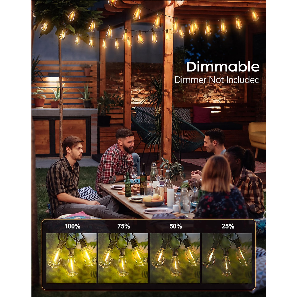PARTPHONER 120FT Outdoor String Lights - Dimmable & Waterproof