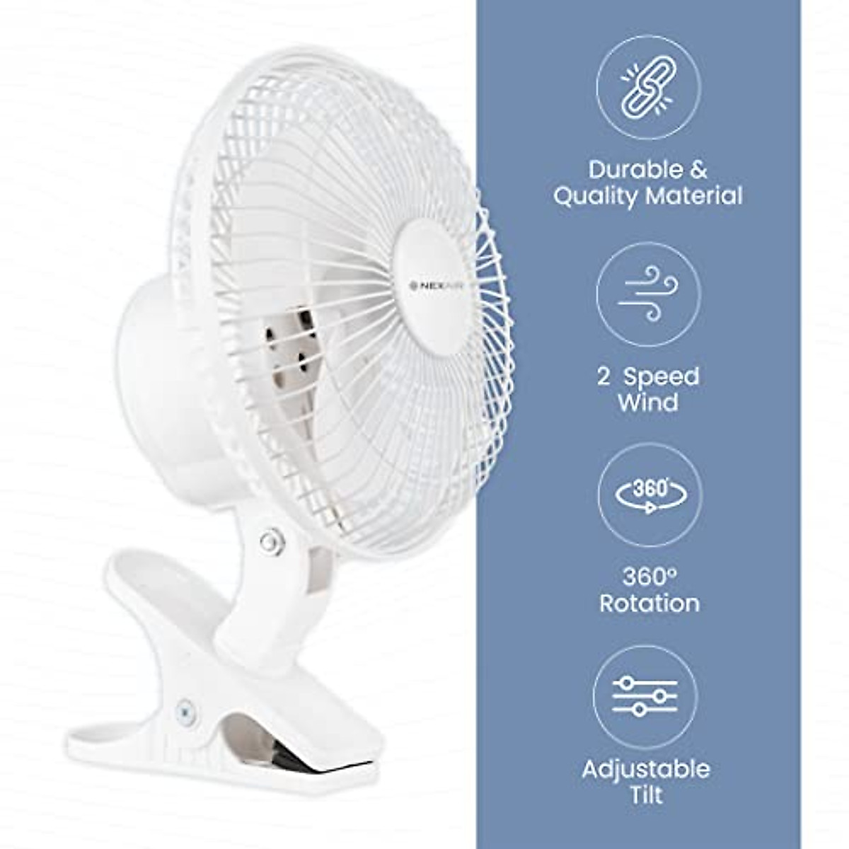 NEXAIR Air-Cooling 6-Inch Clip on Fan, 360° Rotation, Two Speed Portable Clip Fan With Strong Clamp Grip, Quiet Operating Desk Fan Made Of Durable Material, Great For Bedroom, Office, Living Room