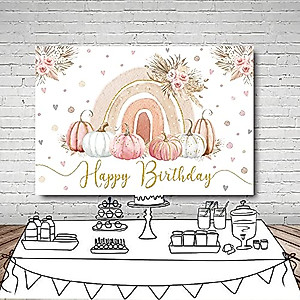 MEHOFOND Autumn Boho Little Pumpkin Backdrop Girl Happy Birthday Party Banner Decorations Thanksgiving Bohemia Rainbow Blush Pink Floral Photography Background 1st Bday Cake Smash Table Supplies 7x5ft