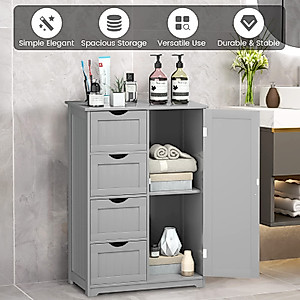 COSTWAY Bathroom Storage Cabinet, Wooden Freestanding Storage Cupboard Organizer with 4 Drawers & Adjustable Shelf, Modern Floor Cabinet for Living Room, Bathroom, Kitchen, Entryway (Grey)