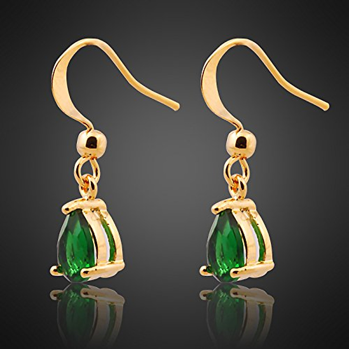 Dangle Drop Pierced Earrings with Pear Cut CZ Simulated Green Emerald in 18K Yellow Gold Plated, Simple Modern Elegant