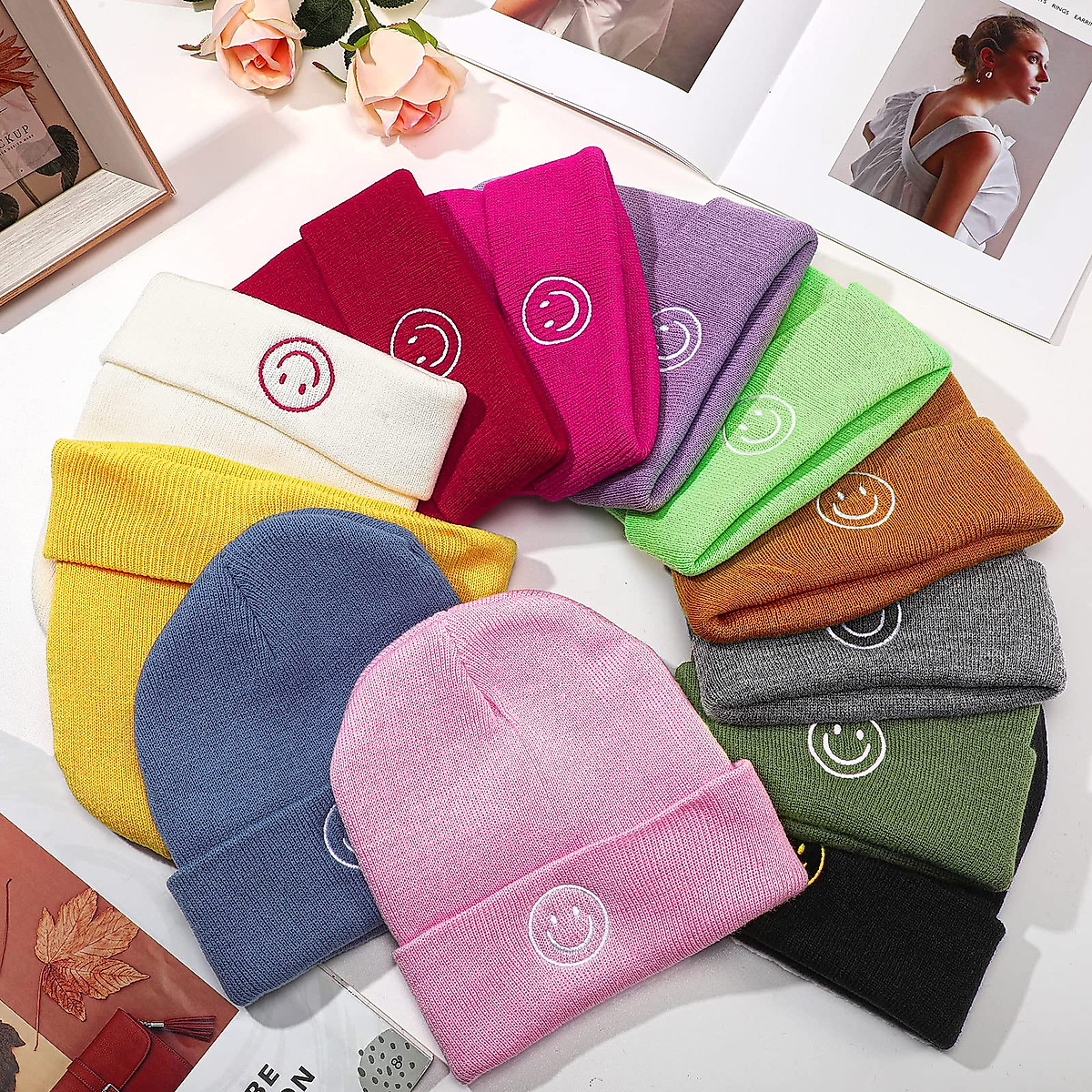 12 Pieces Knit Beanie Hat with Smile Face Embroidered Acrylic Soft Winter Hats Stretchy Smile Beanie Hats for Men Women (Bright Colors)