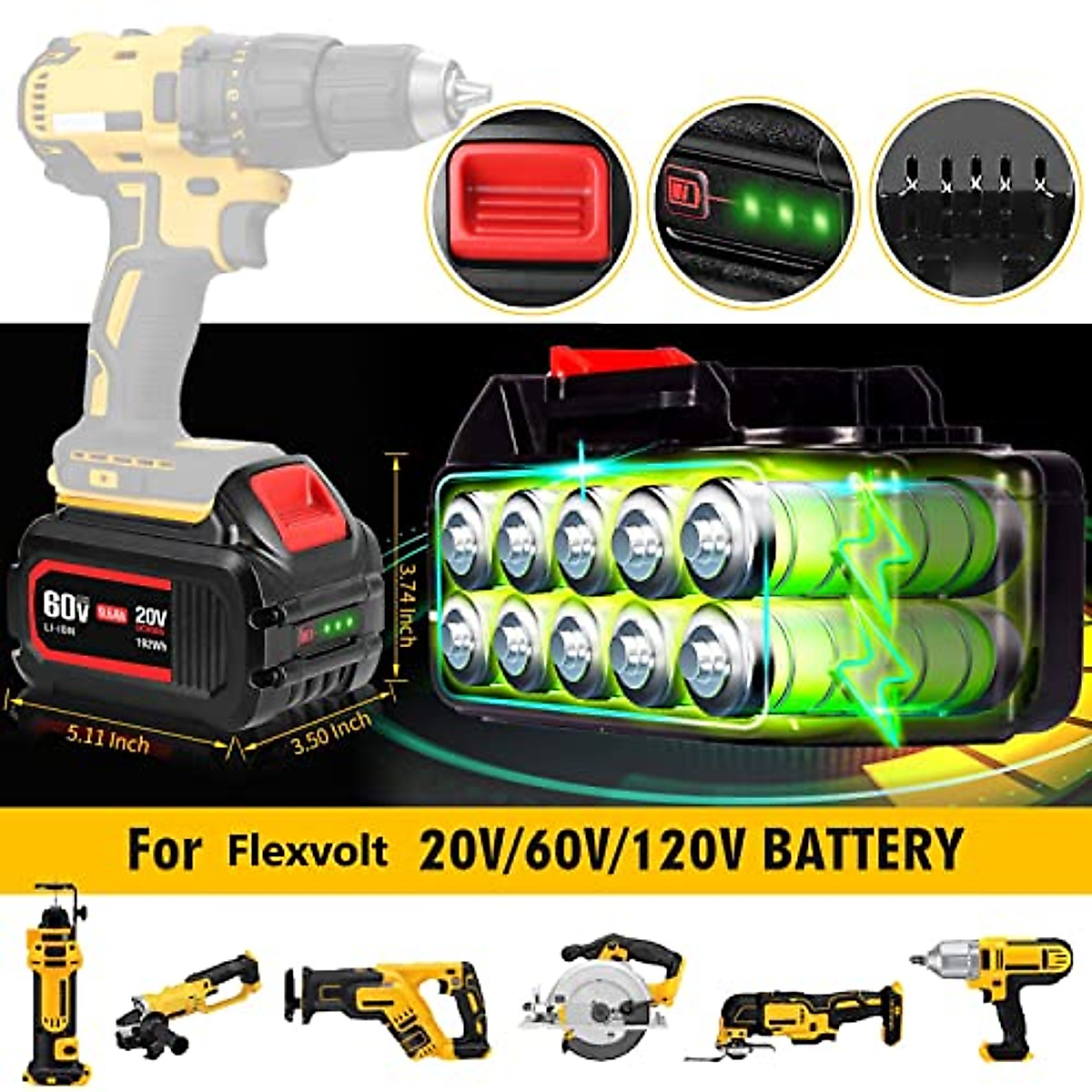 Jialitt DCB606 DCB609 9.6Ah Replacement for Dewalt 20V/60V MAX Battery, Compatible with DewaIt 120V DCB606-2 DCB609 DCB612 DCB205 DCB200 Cordless Power Tools Lithium-Ion Batteries and Chargers