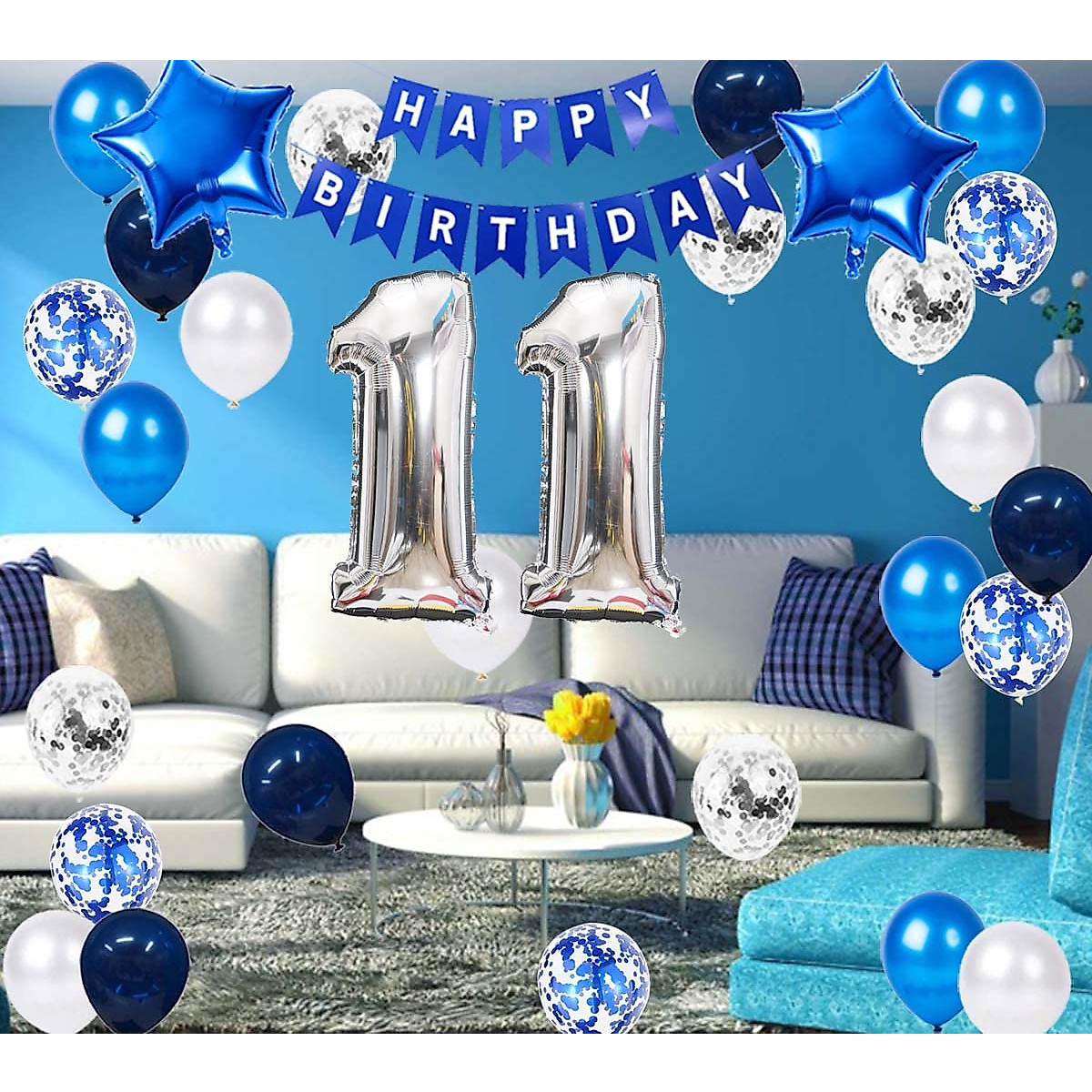 11th Birthday Party Decoration for Boys, Happy Birthday Banner Blue Number 11 Birthday Balloons 11th Birthday Latex Confetti Balloon for Boys Him Son 11 Years Old Birthday Decoration Supplies (11th)