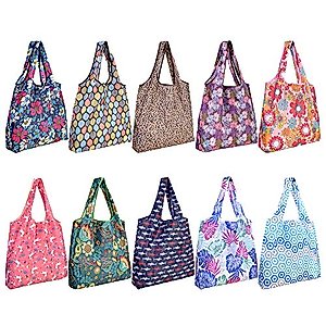 10 Pack Reusable Grocery Shopping Bags, SZUAH Foldable Shopping Bags Grocery Tote with Attached Pouch,Machine Washable Eco-Friendly.