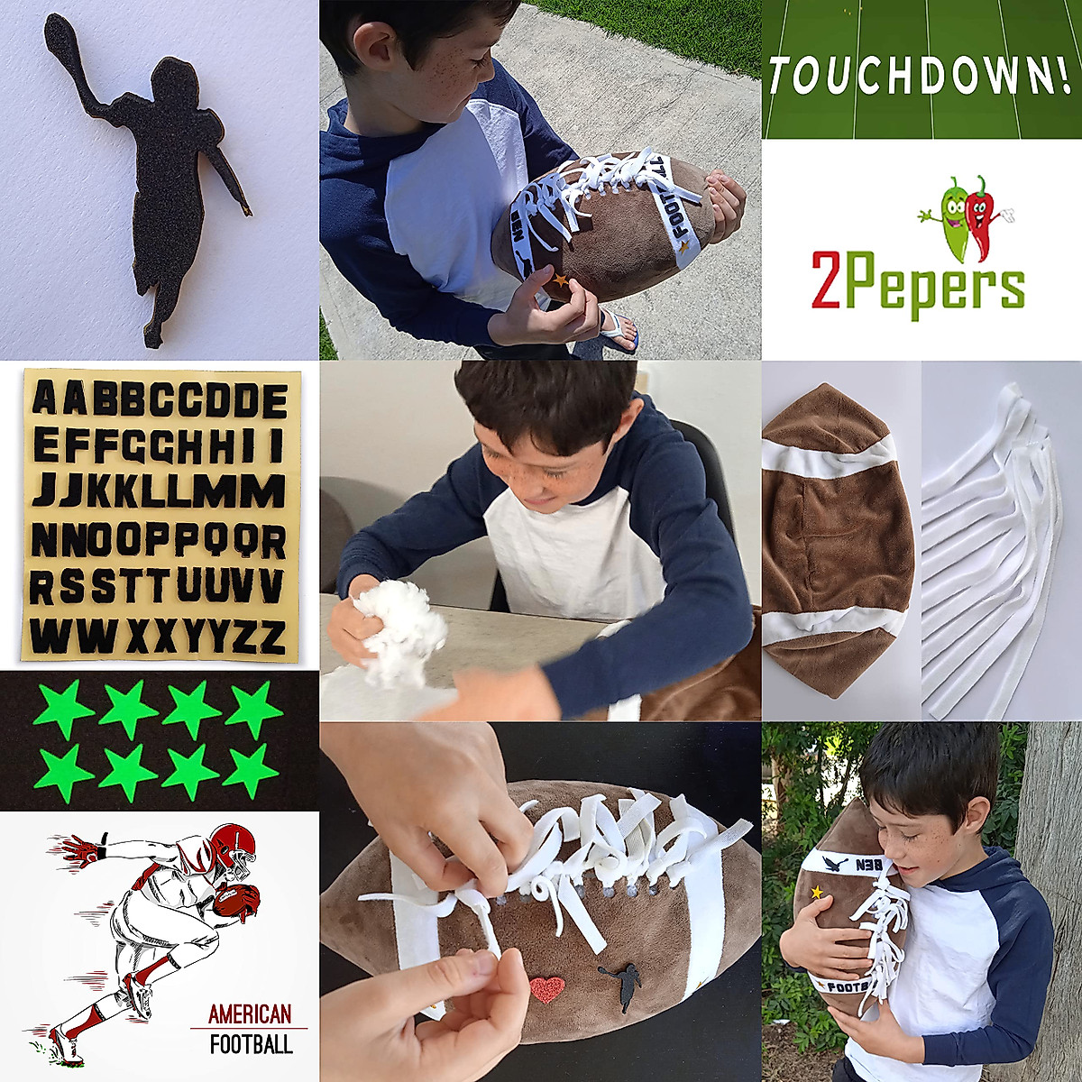2Pepers Make Your Own American Football Pillow, Football Gifts for Boys and Girls Ages 3 4 5 6 7 8 9 10 Years and Up, DIY Arts and Crafts Kit for Kids, Sports Football Present, Boys Toys