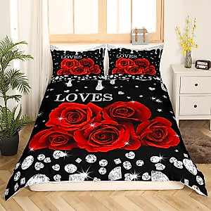 Erosebridal 3D Red Rose Comforter Cover Red and Black Bedding Set Queen Rose Flower Gifts for Her Women Men Couple Girlfriend Romantic Floral Duvet Cover Glitter Sequins Diamond Quilt Cover Zipper