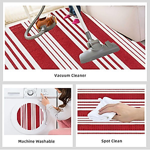 Striped Outdoor Rug for Porch 24"x51" Red and White Front Porch Rug Layered Doormat Cotton Woven Washable Throw Carpet for Hallway/Front Steps/Bathroom/Kitchen/Home Entrance