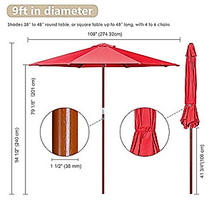 Yescom 9ft Wooden Outdoor Patio Red Umbrella W/ Pulley Market Garden Yard Beach Deck Cafe Sunshade