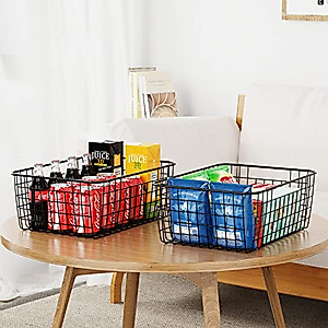 Wire Storage Baskets, iSPECLE 4 Pack Large Metal Wire Baskets Pantry Organization and Storage with Handles, Freezer Organizer Bins for Pantry Kitchen Shelf Laundry Cabinets Garage, Black