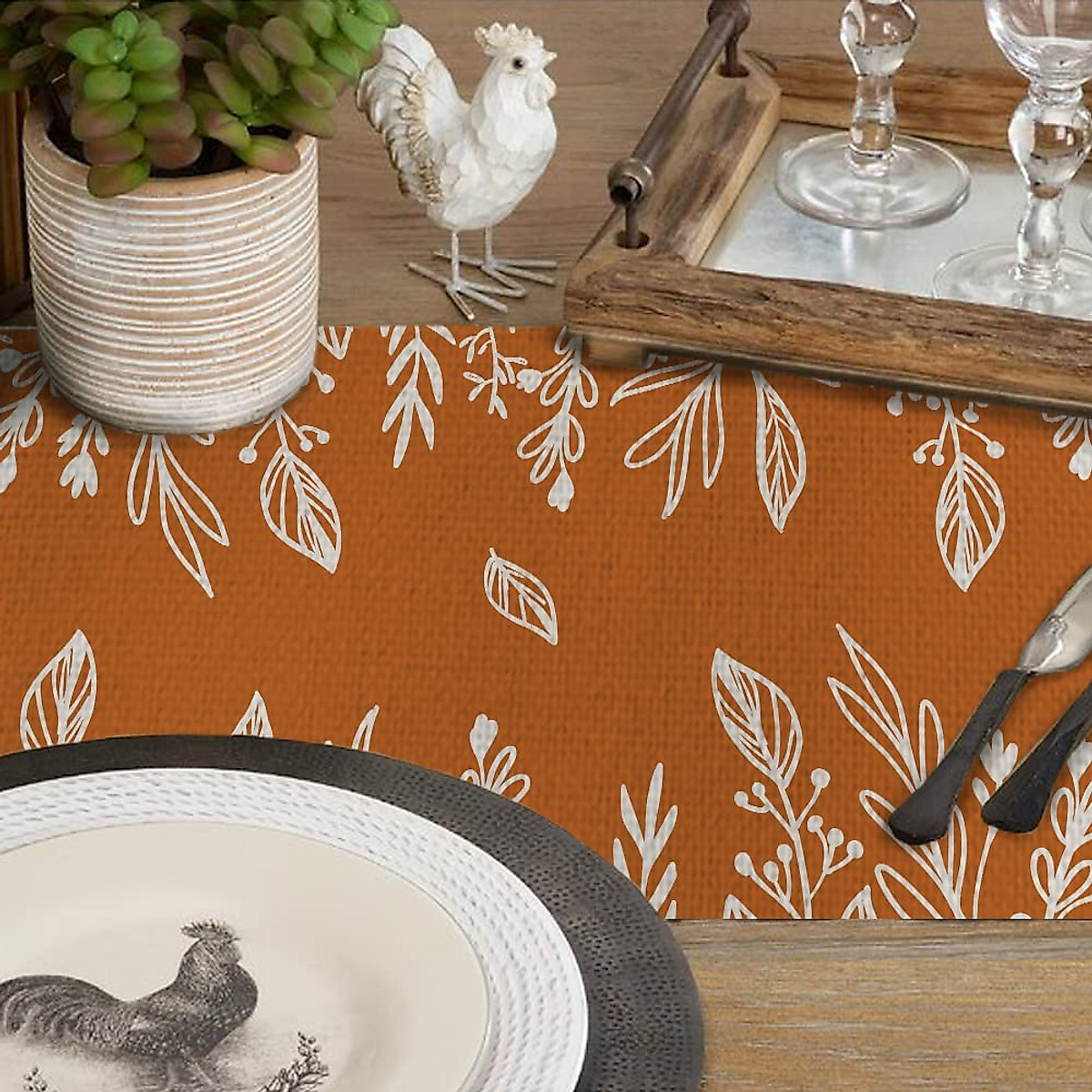ARKENY Fall Thanksgiving Table Runner 13x72 Inches,Orange Leaves,Seasonal Burlap Farmhouse Indoor Autumn Table Runner for Home AT271-72
