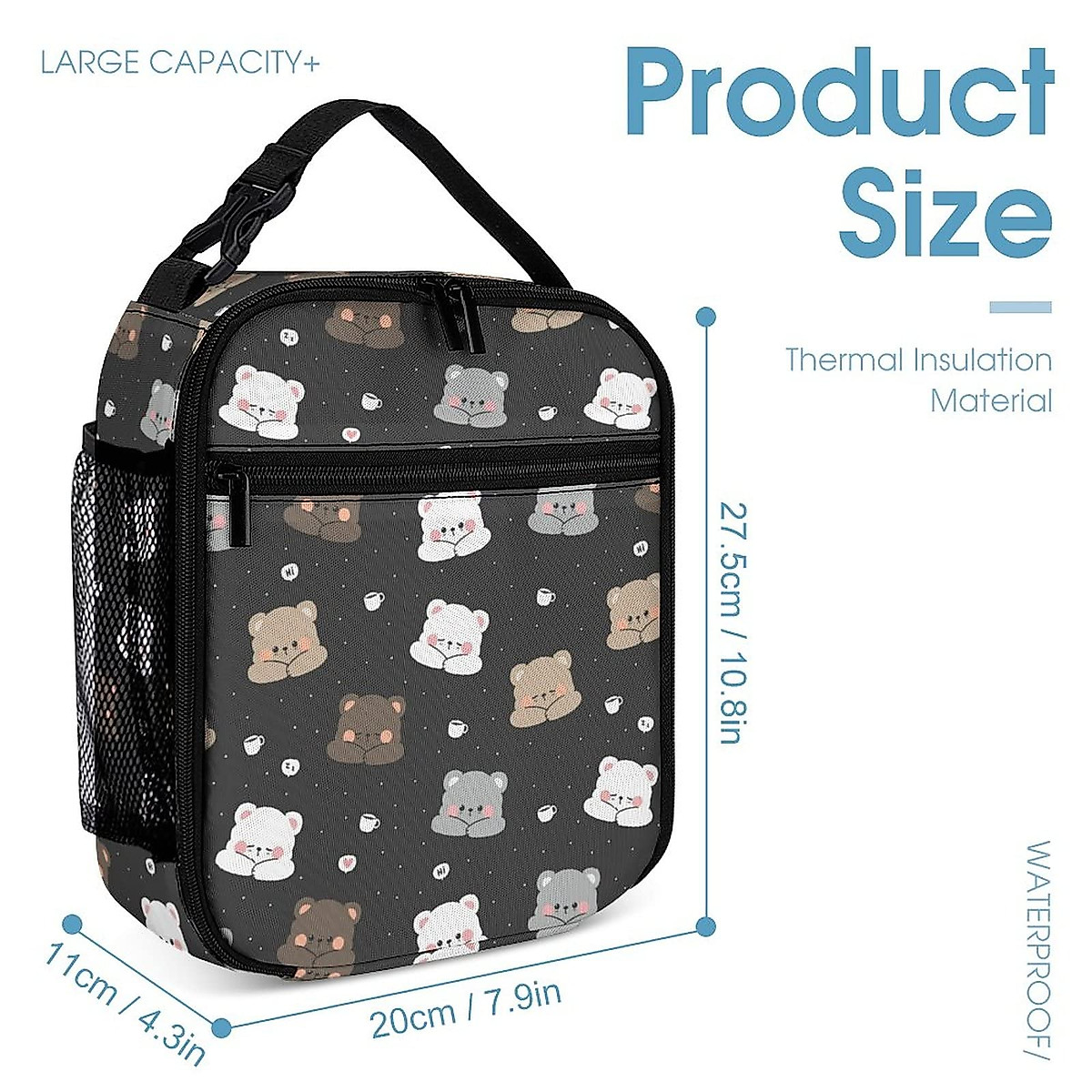 MINBHEBYUD Cute Cartoon Bear Lunch Bag for Men Women, Insulated Lunch Bags for Office Work, Reusable Portable Lunch Box