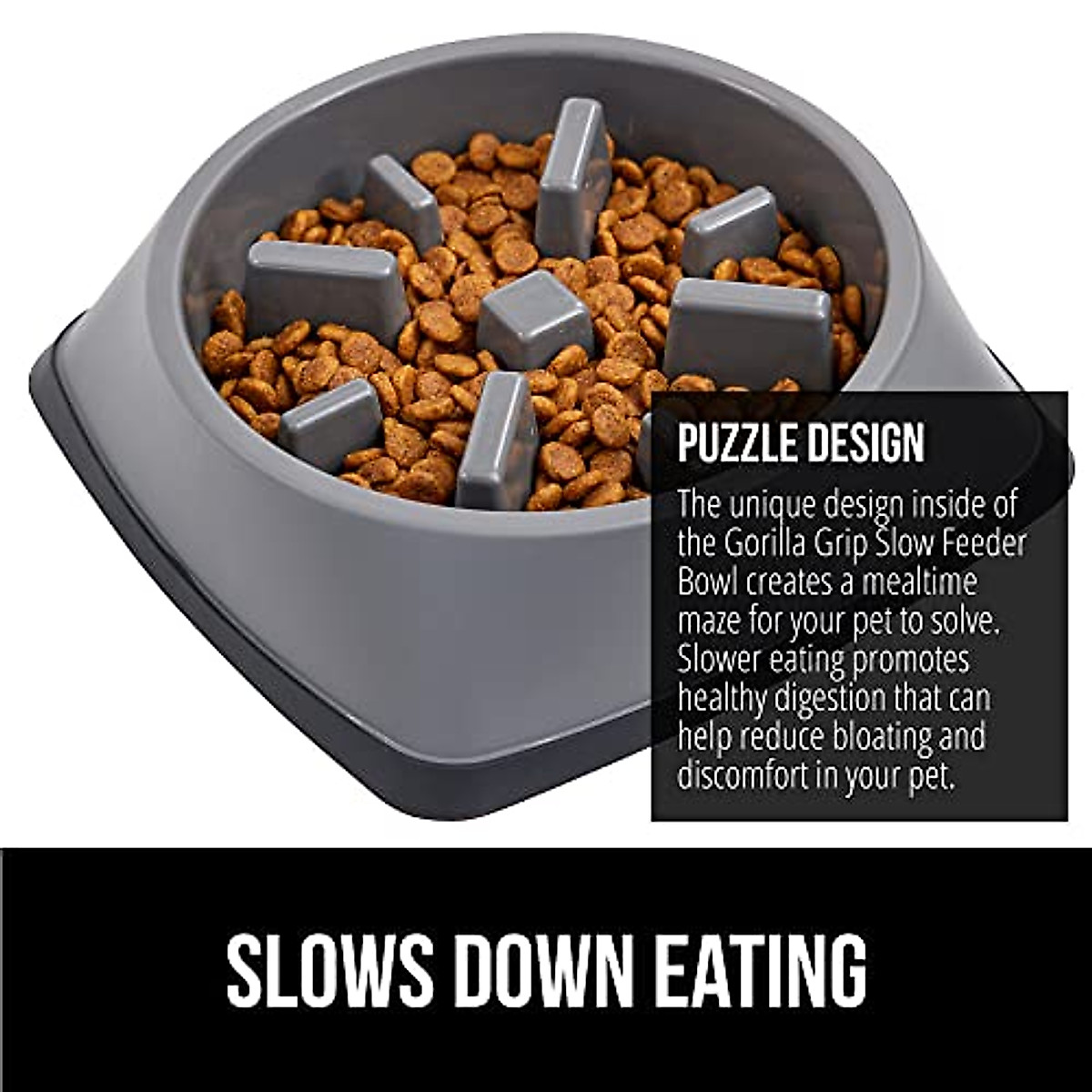 Gorilla Grip Slip Resistant Slow Feeder, 4 Cups, Cat and Dog Bowl, Slows Down Pets Eating, Prevent Overeating, Feed Small, Large Pets, Fun Puzzle Design, Dogs Cats Bowls for Dry and Wet Food, Gray