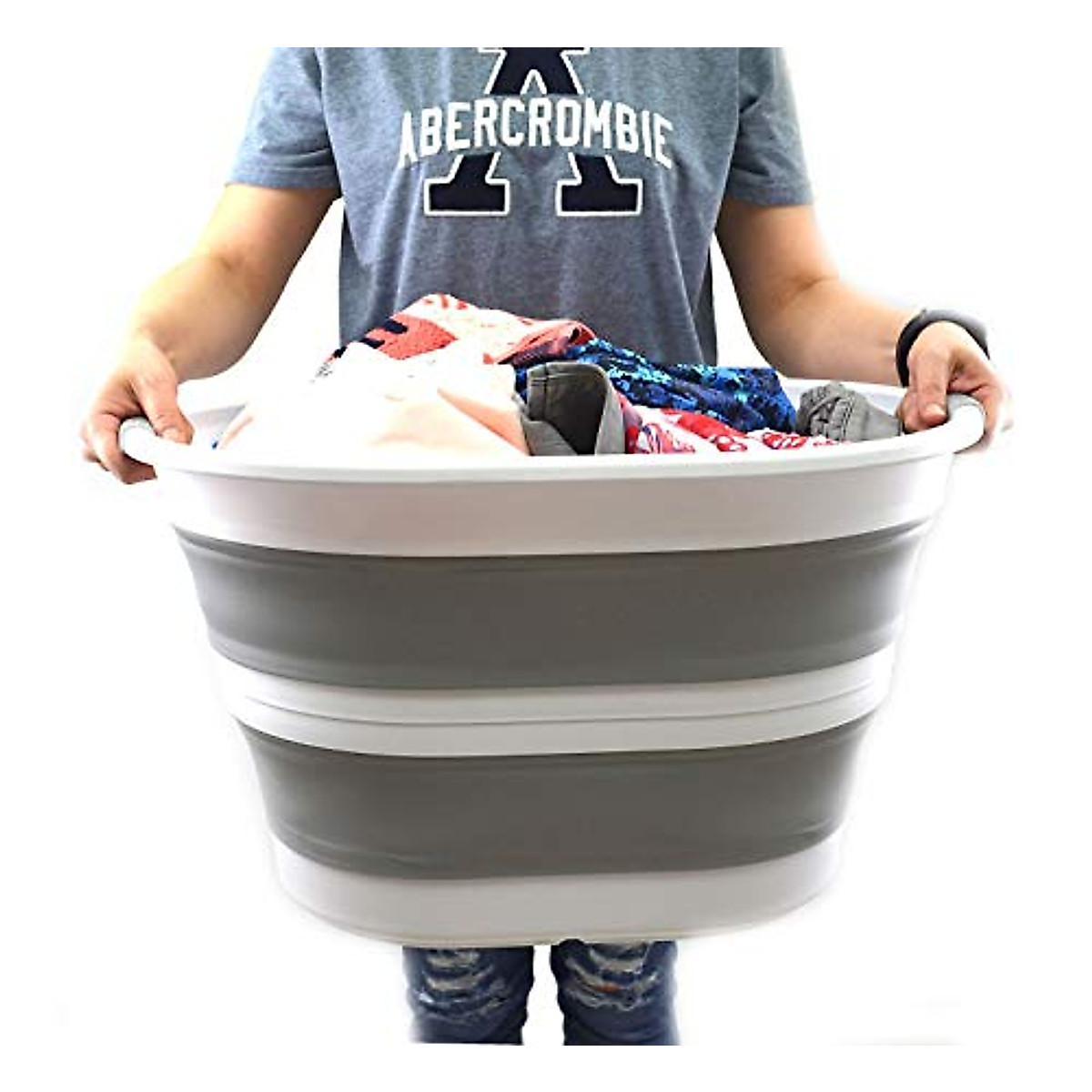 SAMMART 34L(8.98 Gallon) Set of 2 Collapsible Plastic Laundry Basket-Oval Tub/Basket-Foldable Storage Container/Organizer-Portable Washing Tub-Space Saving,Water Capacity 29L(7.66 Gallon) (2, Grey)